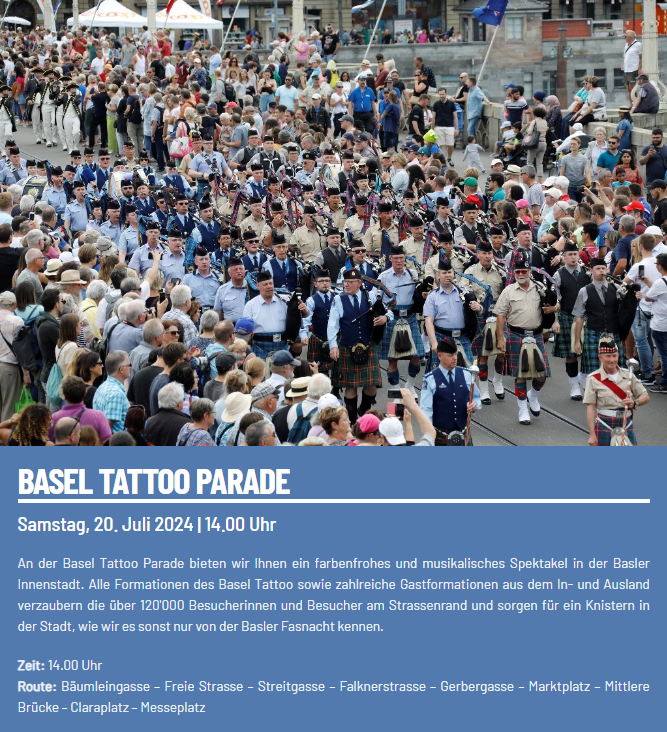 Basel Tattoo Parade 2024 – The Pipes & Drums of the Lucerne Caledonians